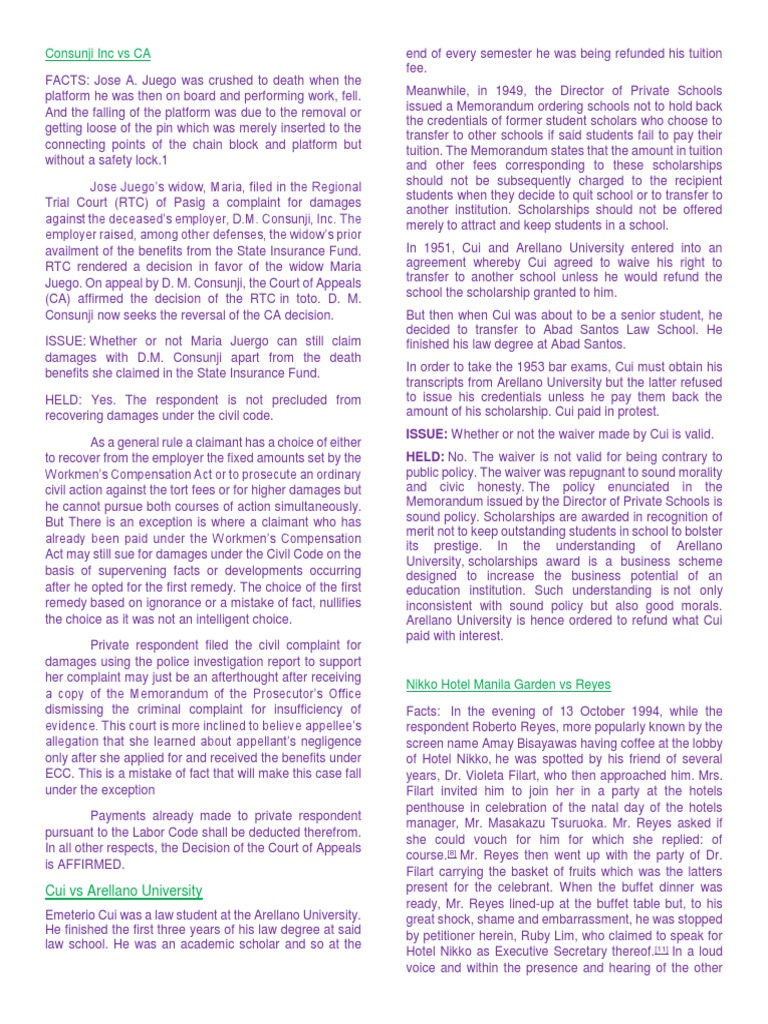 Consunji Inc Vs CA: Cui Vs Arellano University | PDF | Damages ...