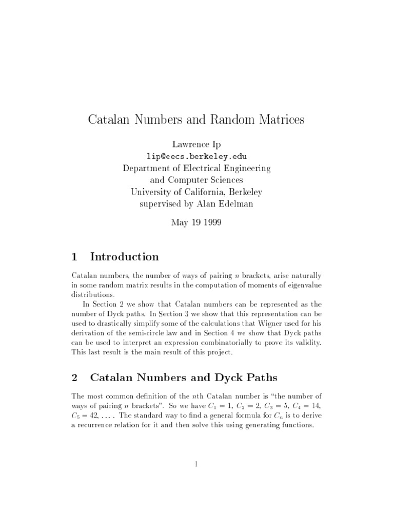 Catalan Numbers and Random Matrices | PDF | Matrix (Mathematics ...