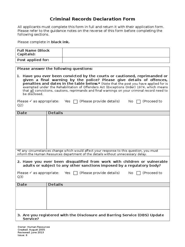 Criminal Records Declaration Form - 0 | PDF | Criminal Record | Crime ...