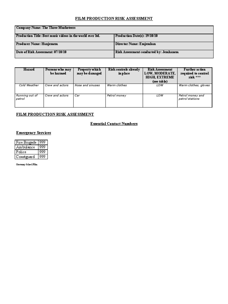 Film Production Risk Assessment Guide | PDF