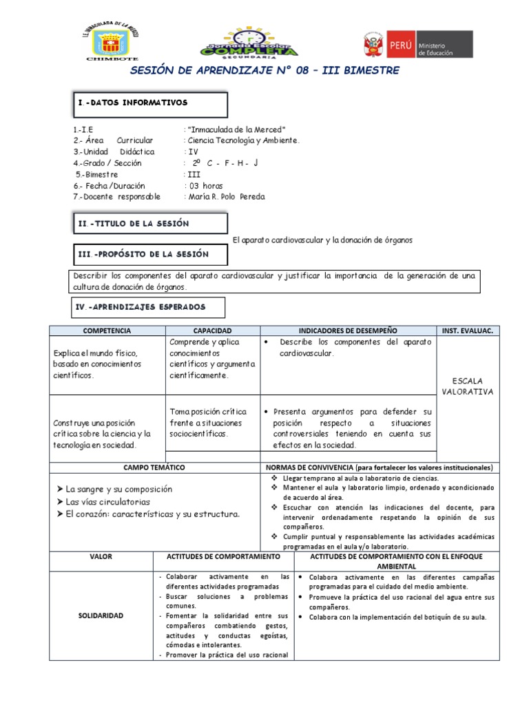 Sesión de Aprendizaje N8 - Cta2° - Sistema Circulatorio | PDF | Donación de Organos | Lectura ...