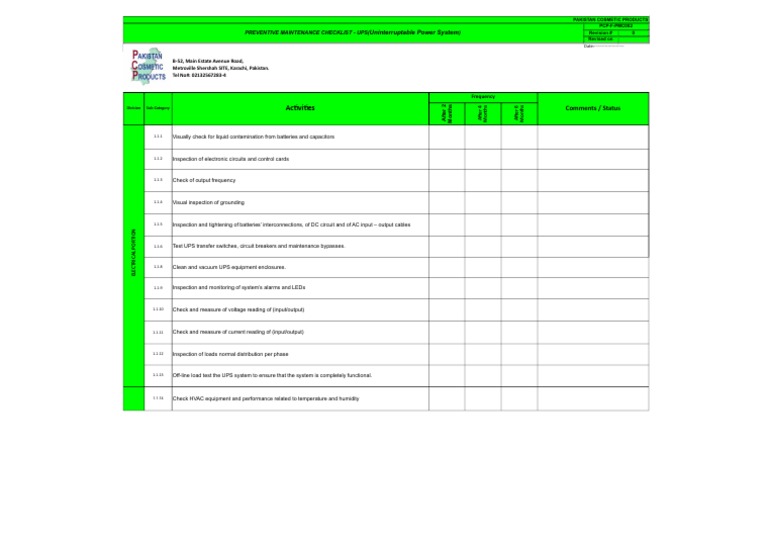 Preventive Maintenance Checklist Ups | PDF | Electric Power System ...