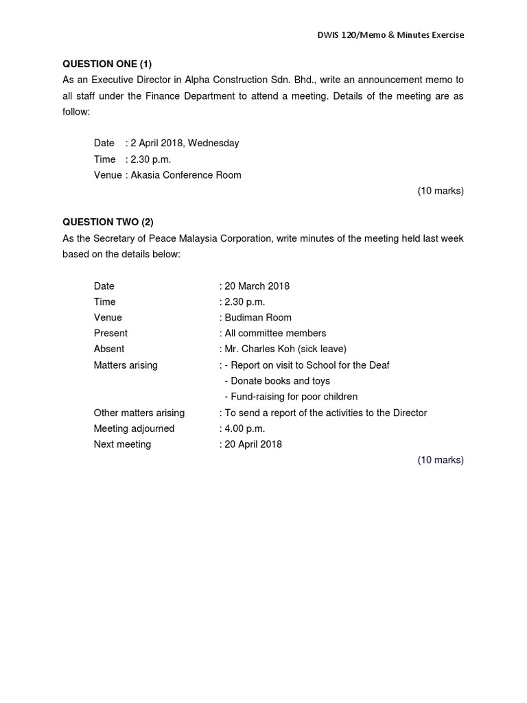 Memo and Minutes Exercise | PDF