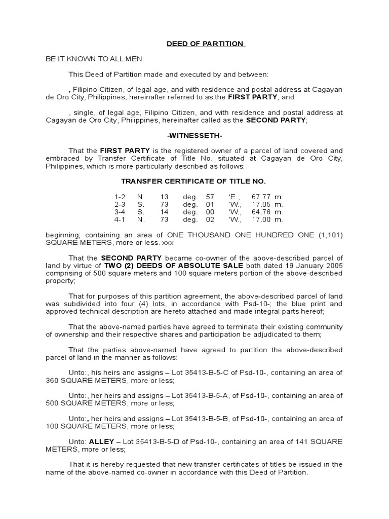 Deed of Partition | PDF | Deed | Law And Economics