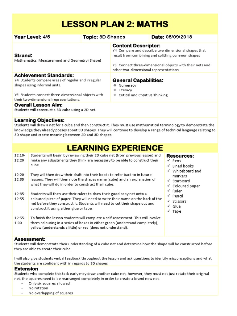 Maths - Lesson Plan 2 | PDF | Shape | Lesson Plan