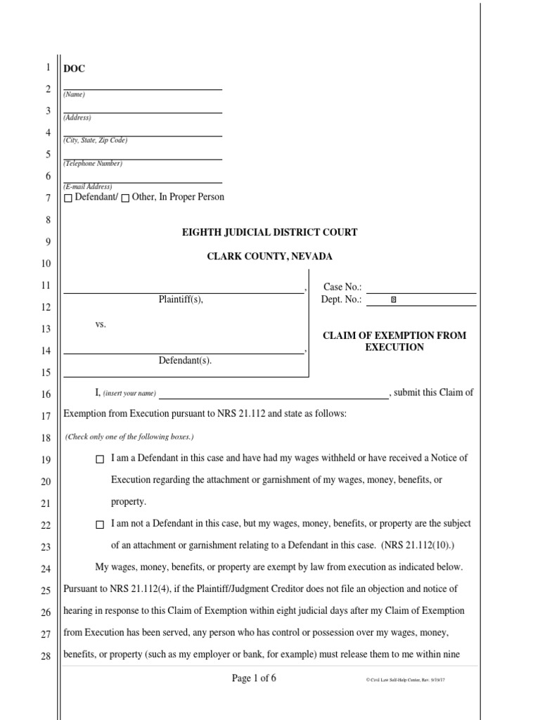 Claim of Exemption from Execution Form | PDF | Garnishment | Social ...