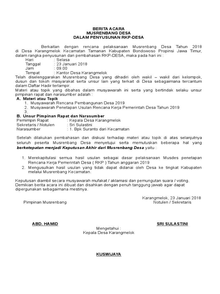 Musrenbang Desa Karangmelok 2018 | PDF