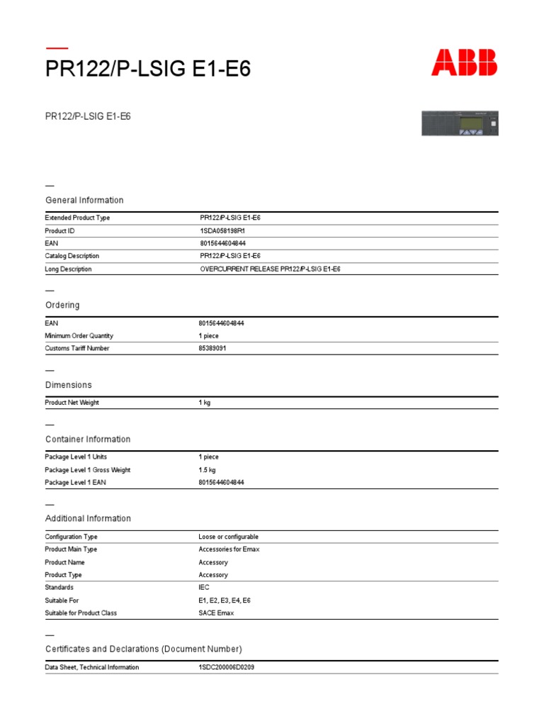 1SDA058198R1 pr122 P Lsig E1 E6 | PDF