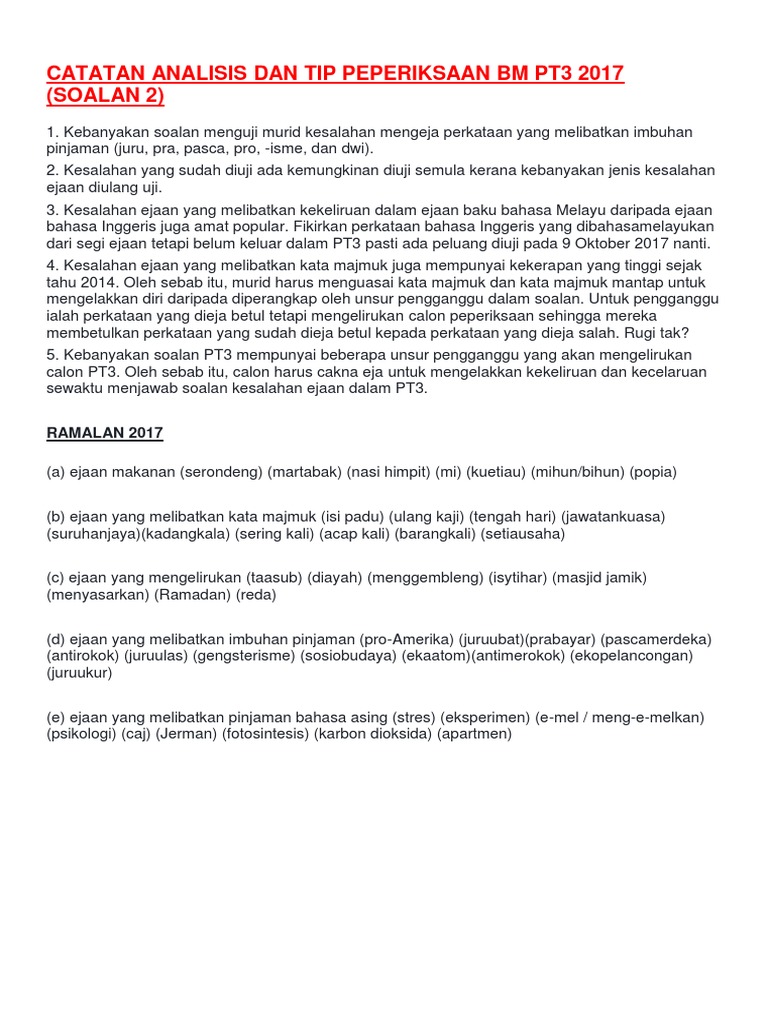 Catatan Analisis Dan Tip Peperiksaan BM Pt3 2017 | PDF