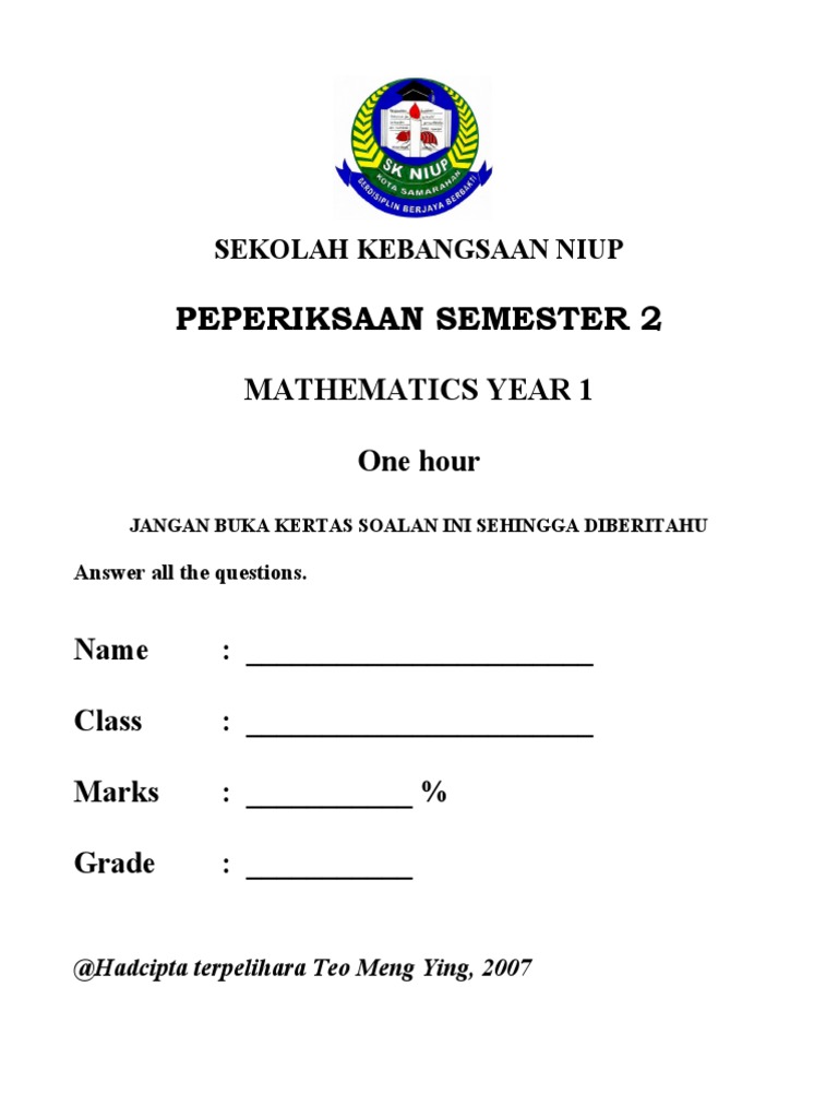 Year 1 Mathematics Exam Paper | PDF