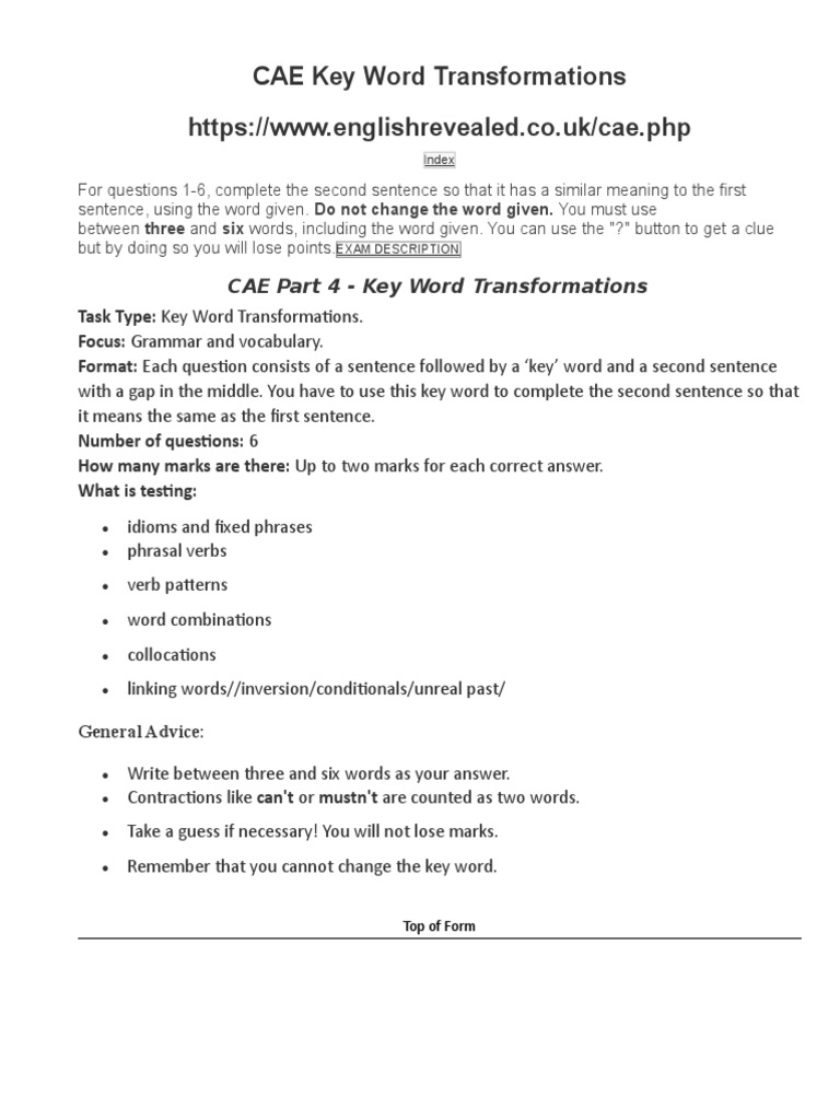 CAE Key Word Transformations | PDF | Phrase | Idiom