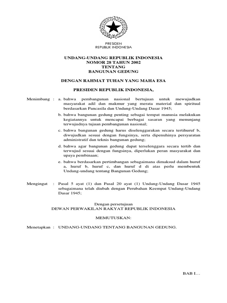 Undang-Undang Republik Indonesia Nomor 28 Tahun 2002 Tentang Bangunan ...