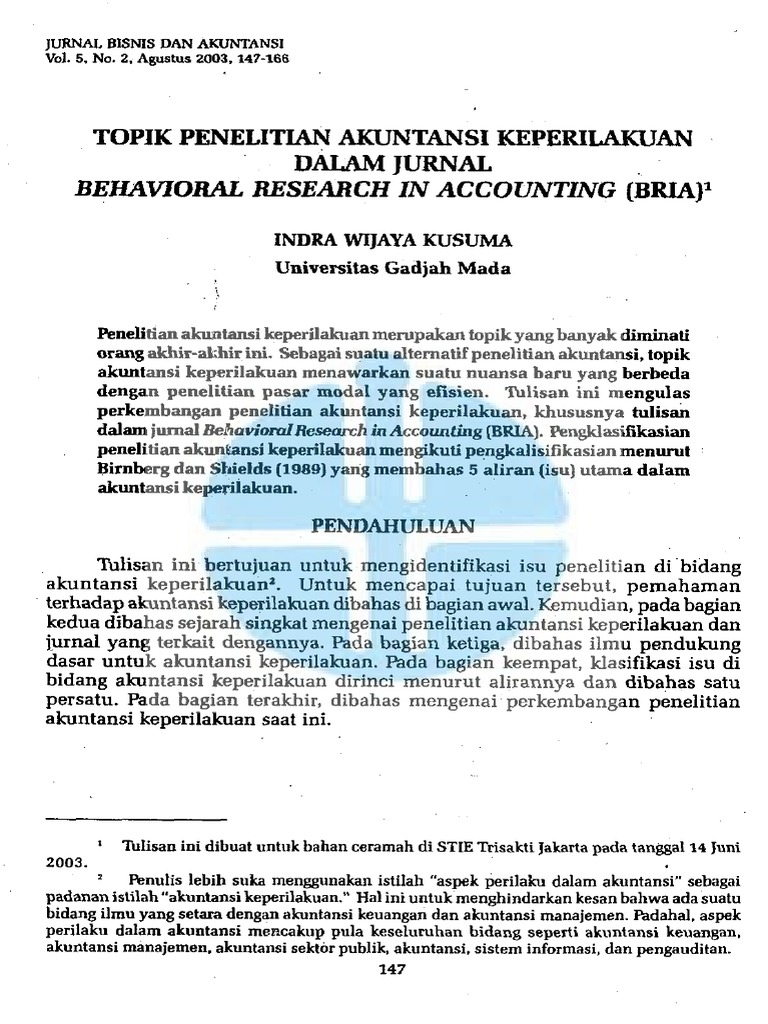 Topik Penelitian Akuntansi Keperilakuan Dalam Jurnal Behavioral ...