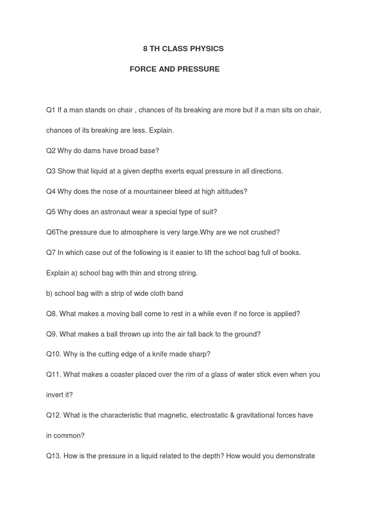Force and Pressure MCQs for 8th Grade | PDF | Science & Mathematics