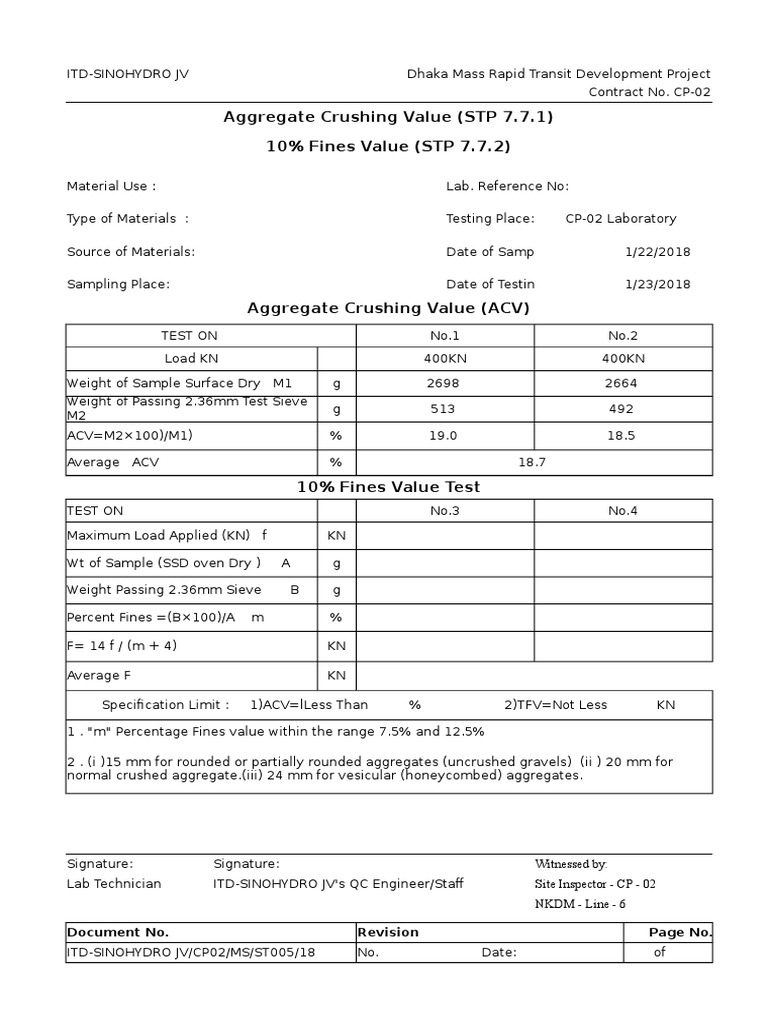 Aggregate Crushing Value (STP 7.7.1) 10% Fines Value (STP 7.7.2) | PDF ...