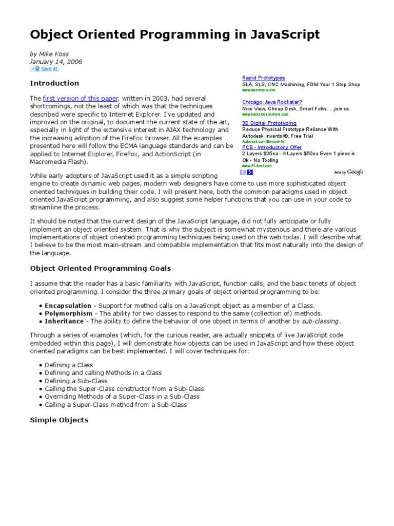 Object Oriented Programming in Javascript: First Version of This Paper | PDF | Method (Computer ...