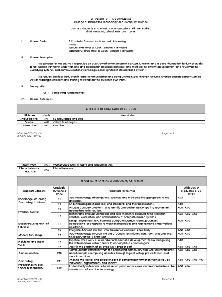 IT 12 Data Communication With Networking OBE Syllabus 1hour | PDF ...