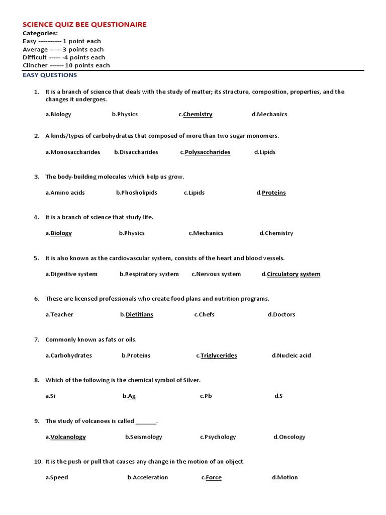Grade 10 Science Quiz Bee Questions | PDF | Carbohydrates | Physical ...