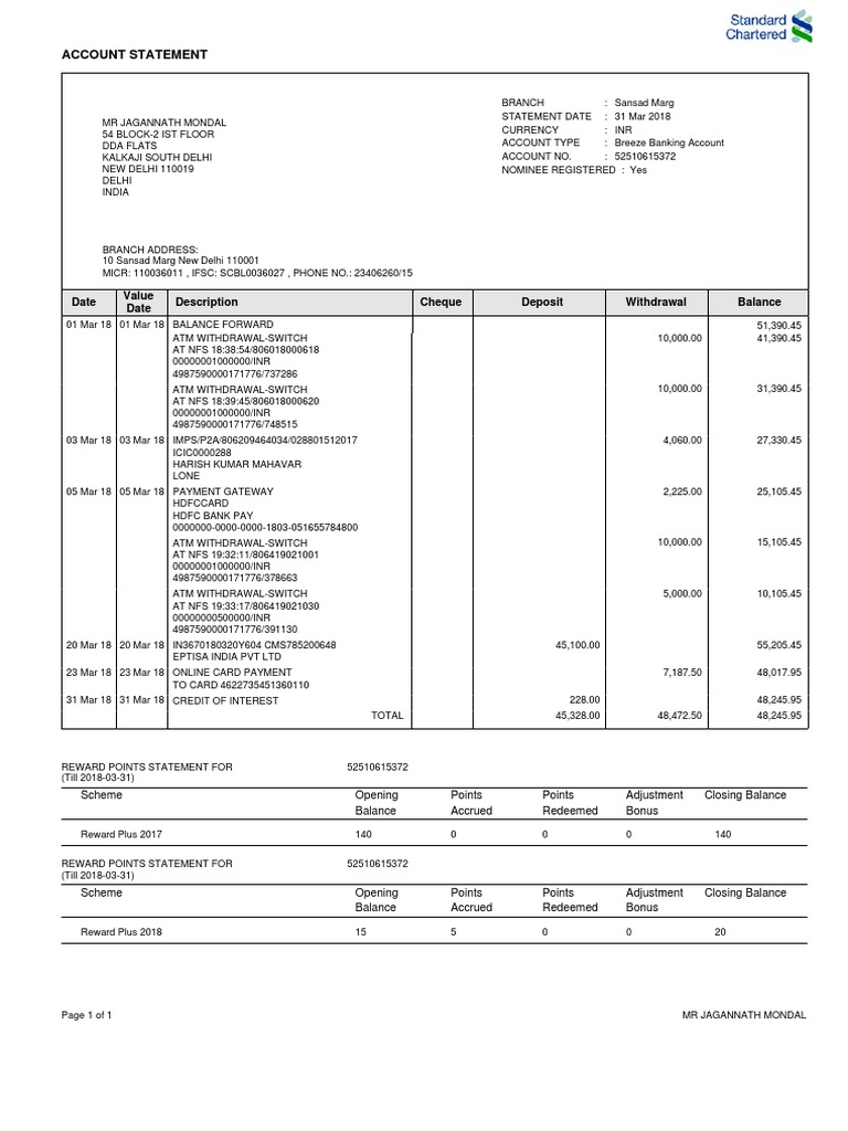Account Statement: Date Value Date Description Cheque Deposit Withdrawal Balance | PDF ...