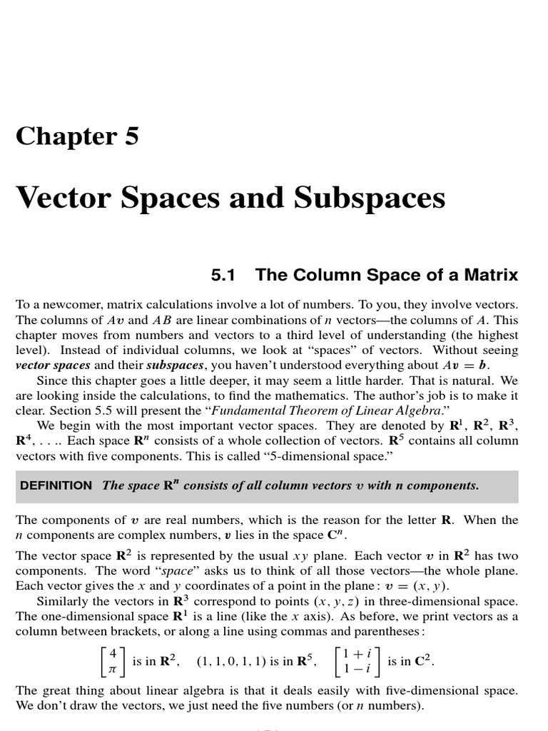 Vector Spaces and Subspaces: 5.1 The Column Space of A Matrix | PDF | Linear Subspace | Vector Space