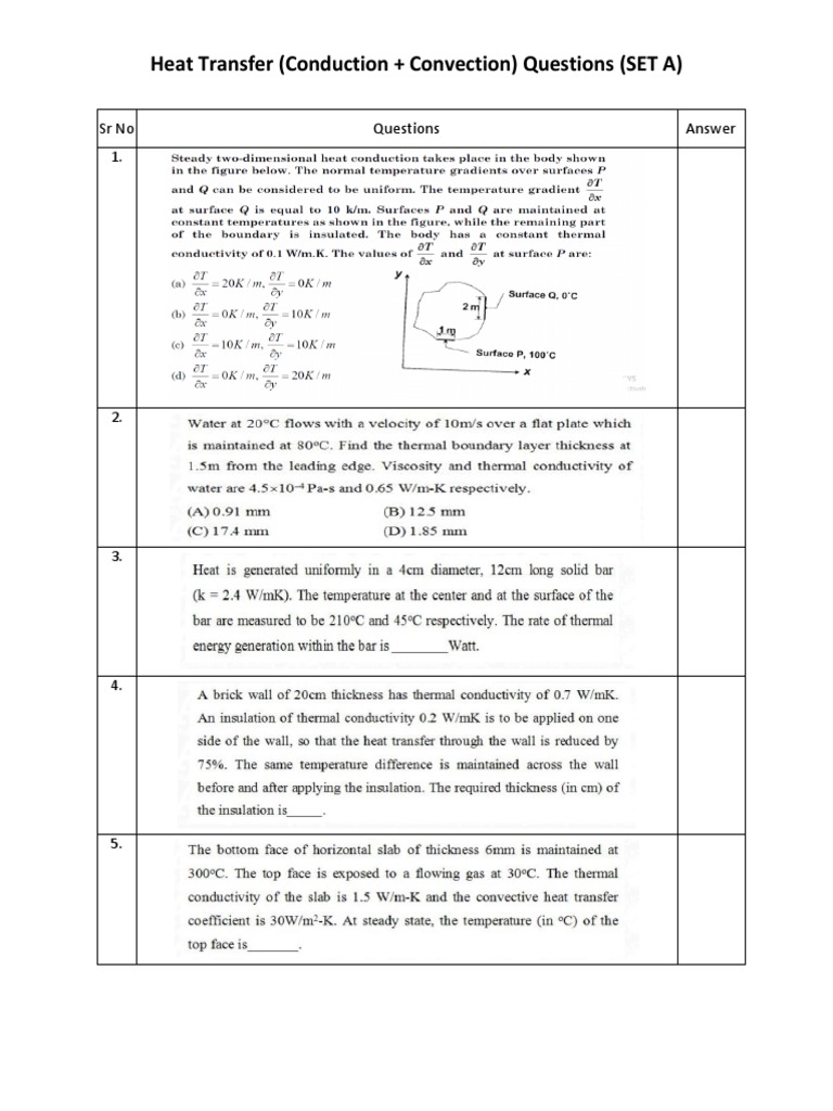 Conduction and Convection 15 Questions Set A | PDF