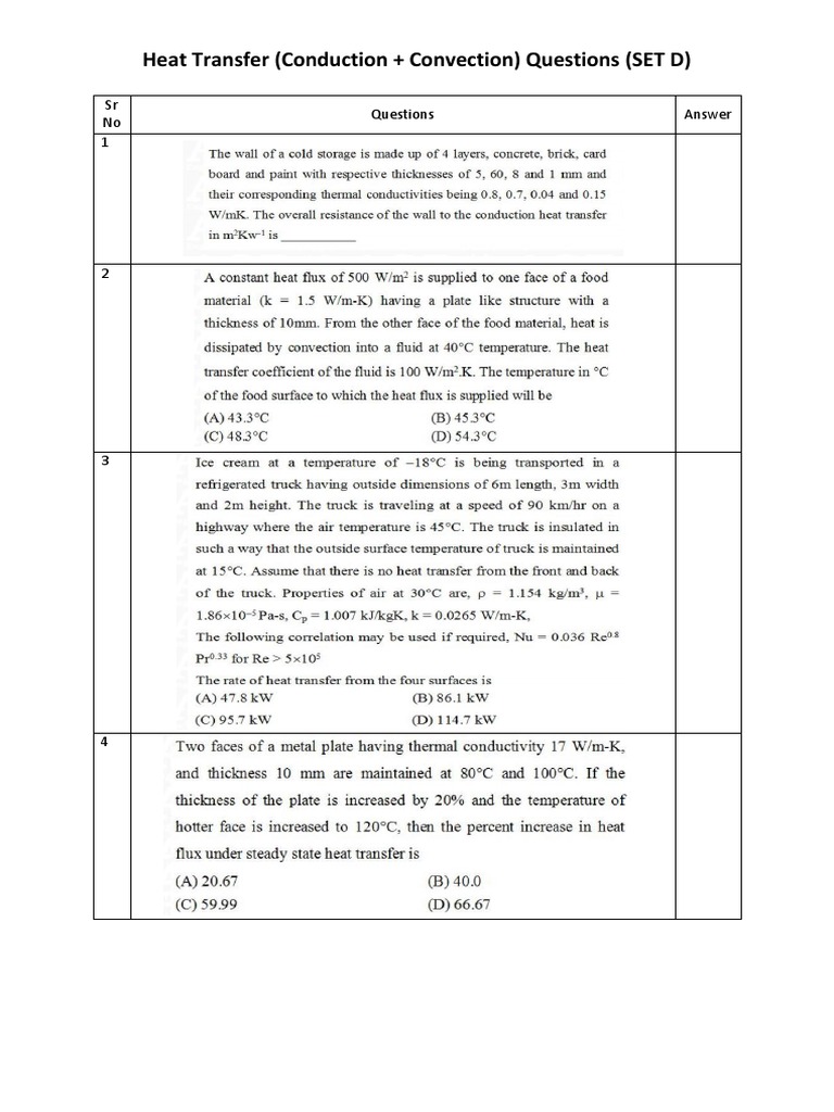 Heat Transfer (Conduction + Convection) Questions (SET D) : SR No ...