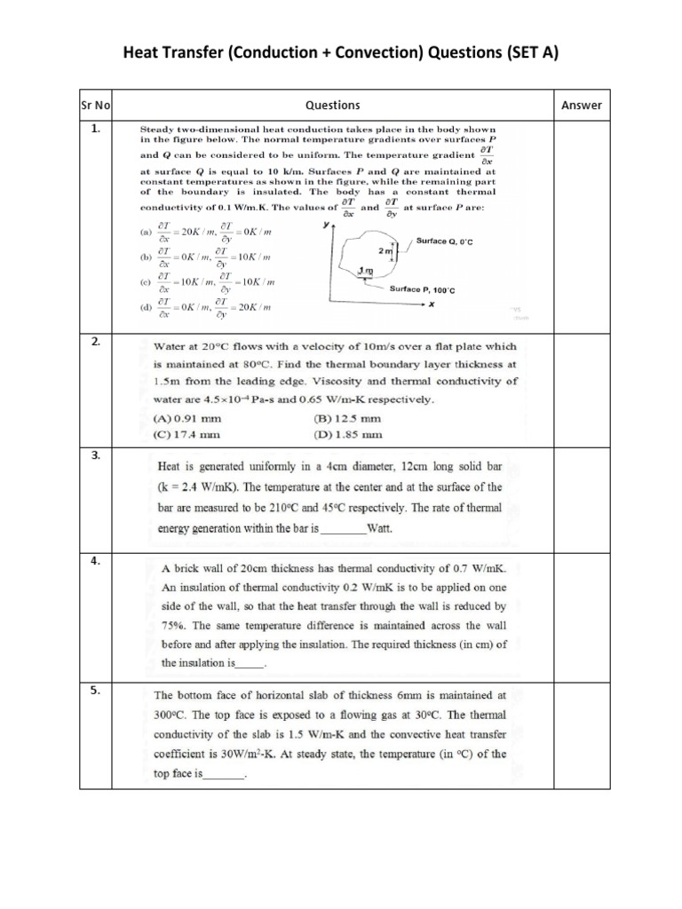 Heat Transfer (Conduction + Convection) Questions (SET A) : SR No ...