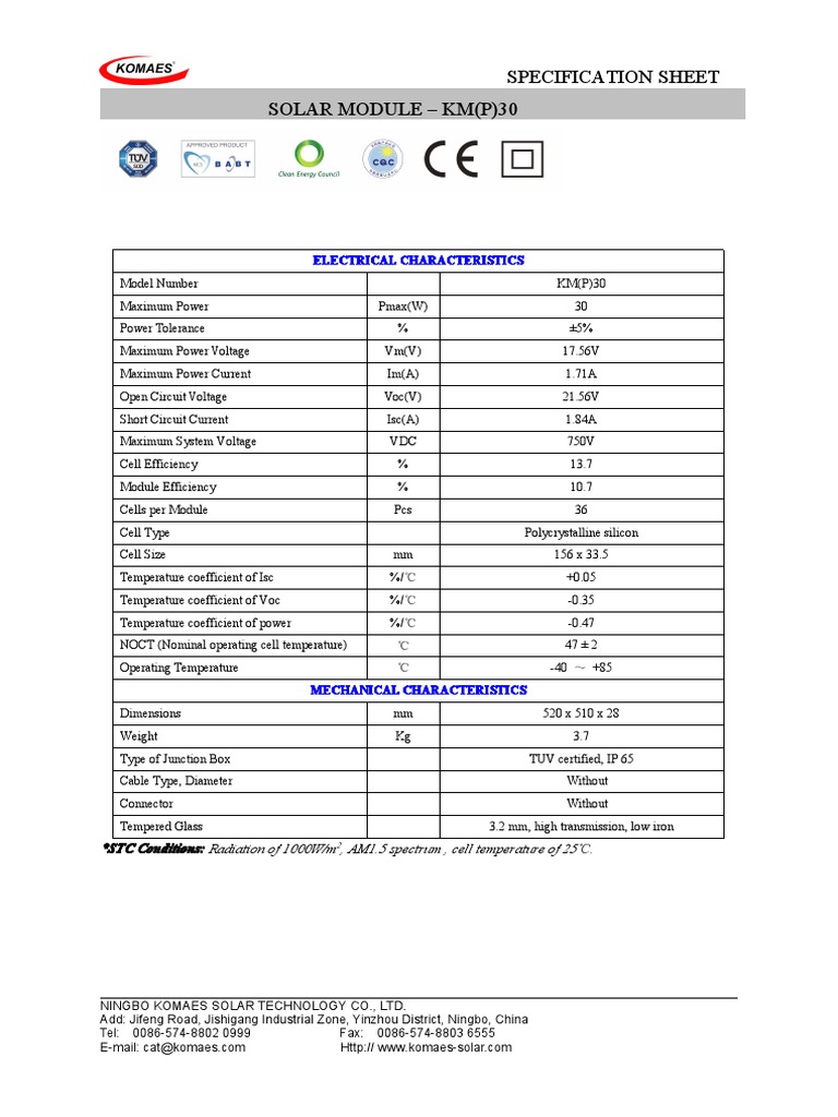Specification Sheet Solar Module - KM (P) 30 | PDF | Solar Panel ...