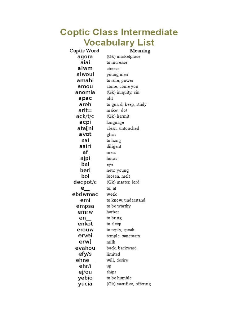 Coptic Class Intermediate Vocabulary List | PDF