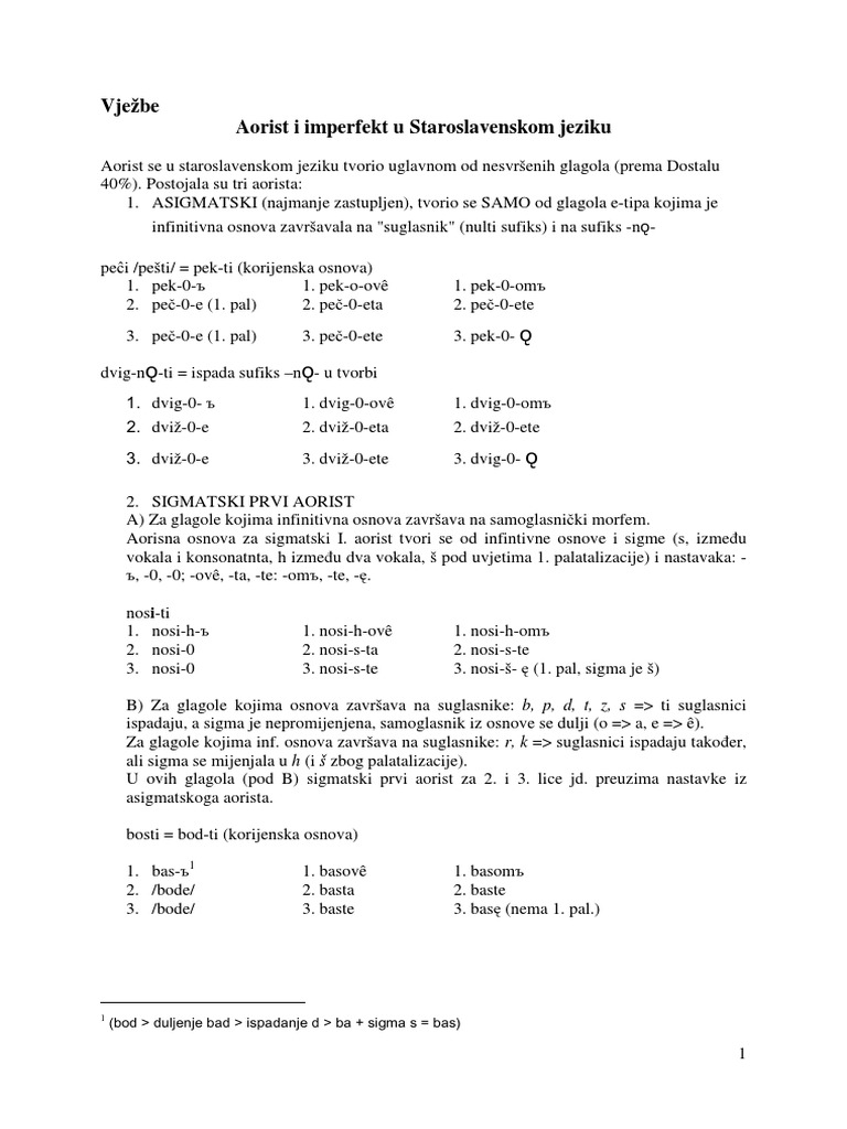 Aorist I Imperfekt U Staroslavenskom Jeziku | PDF