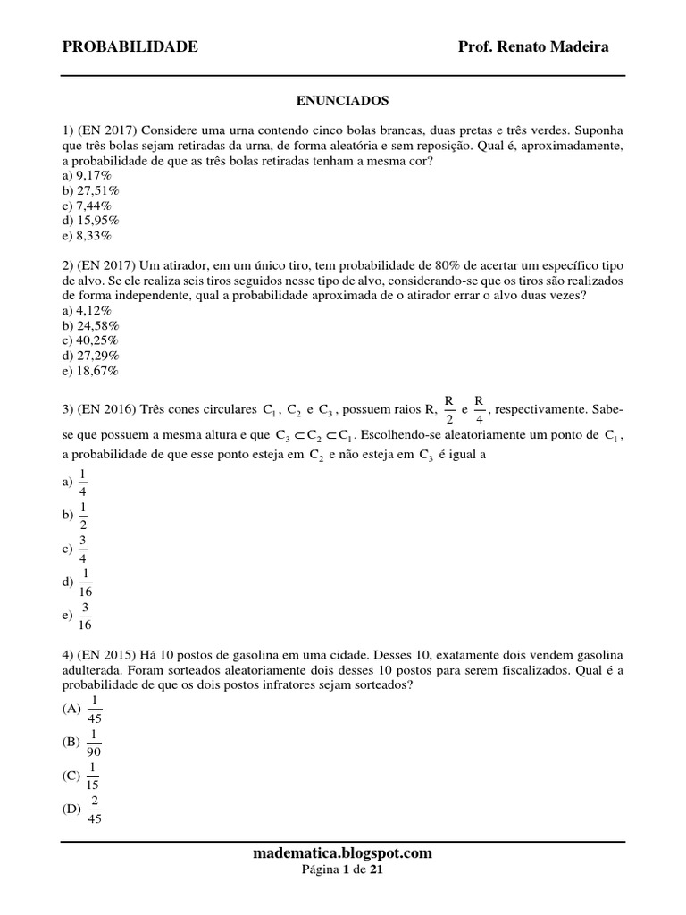 EXERCÍCIOS PROBABILIDADE | Equações | Probabilidade
