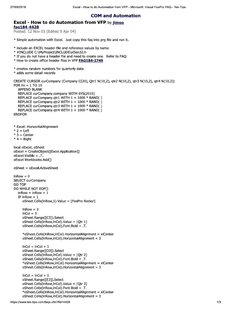 Excel - How To Do Automation From VFP - Microsoft - Visual FoxPro FAQ ...