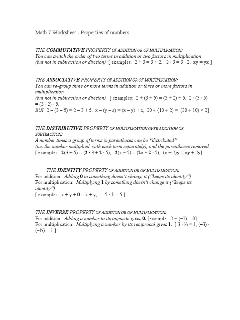 Properties of Numbers Worksheet | PDF