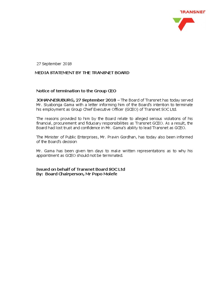 Media Statement by Transnet Board of Directors | PDF | Business