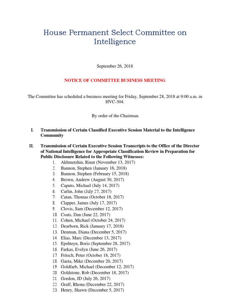 House Intelligence Committee List of Interview Transcripts | PDF ...