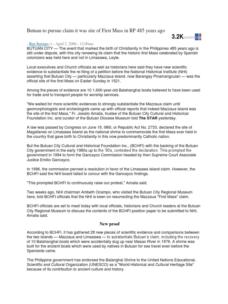 Butuan's Claim to the First Mass | PDF | Mass (Liturgy) | Philippines