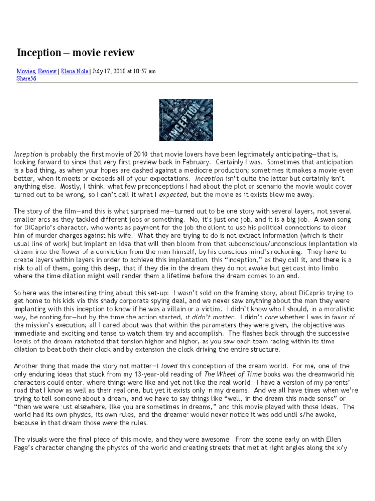 Inception - Movie Review:, - July 17, 2010 at 10:57 Am | PDF | Leisure