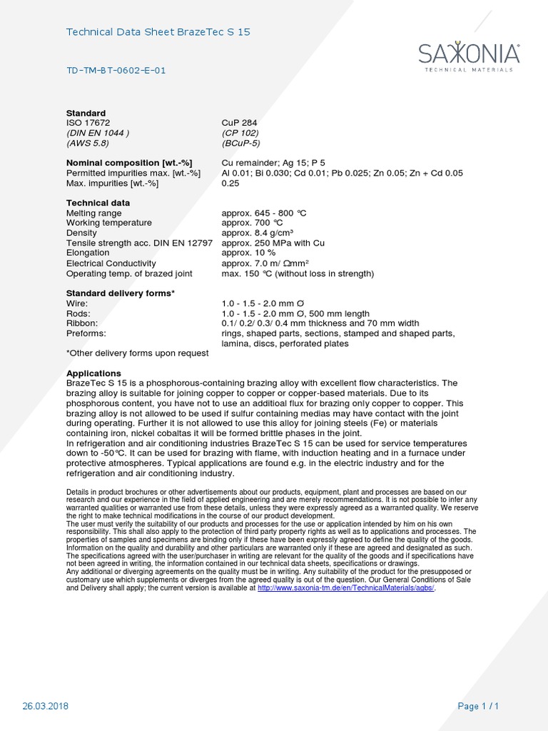 Technical Data and Applications of BrazeTec S 15 Phosphorus-Containing ...
