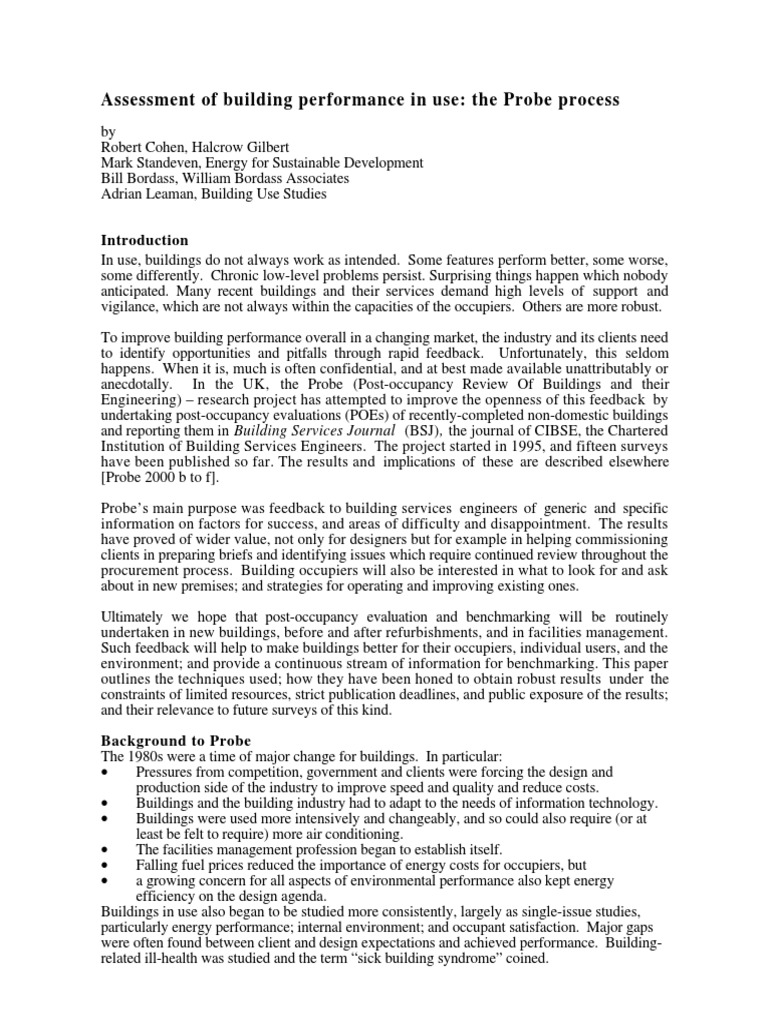 Assessment of Building Performance in Use: The Probe Process | PDF ...