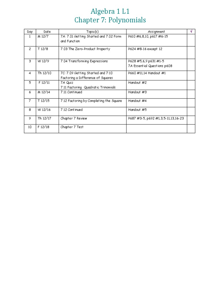 Algebra 1 Polynomials Chapter 7 | PDF