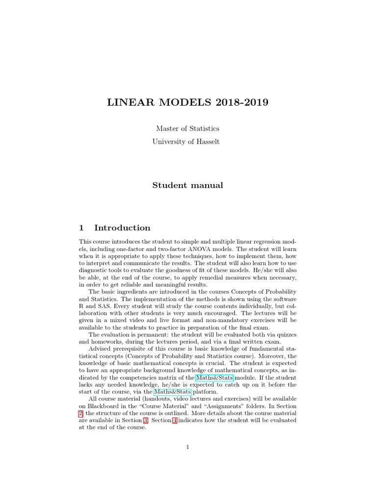 LINEARMODELS Student Manual | PDF | Lecture | Quiz