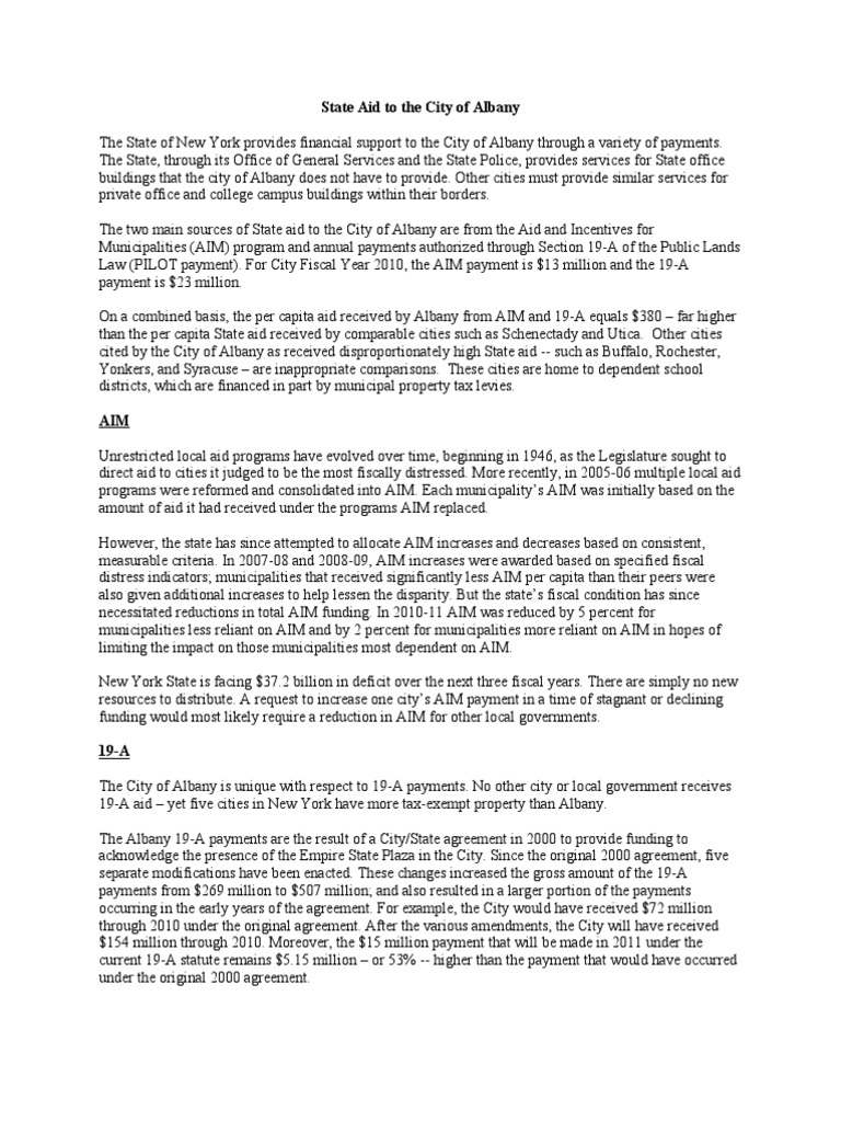Albany State Aid 10 7 10 Fact Sheet | PDF | Albany | Subsidy