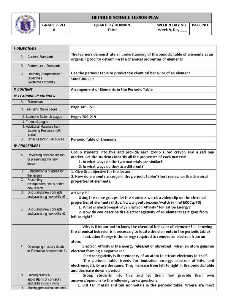 Grade Level Quarter / Domain Week & Day No. Page No.: Detailed Science ...