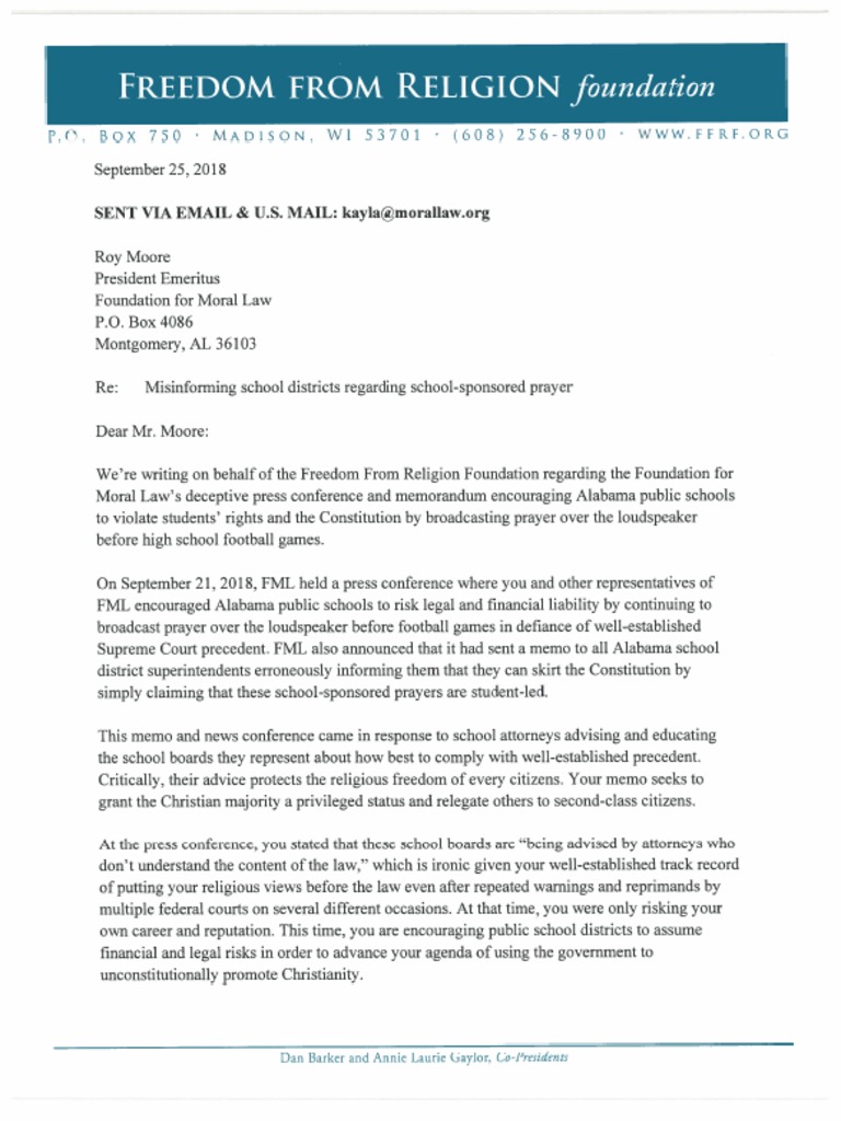 Freedom From Religion Foundation Letter To Foundation For Moral Law | PDF