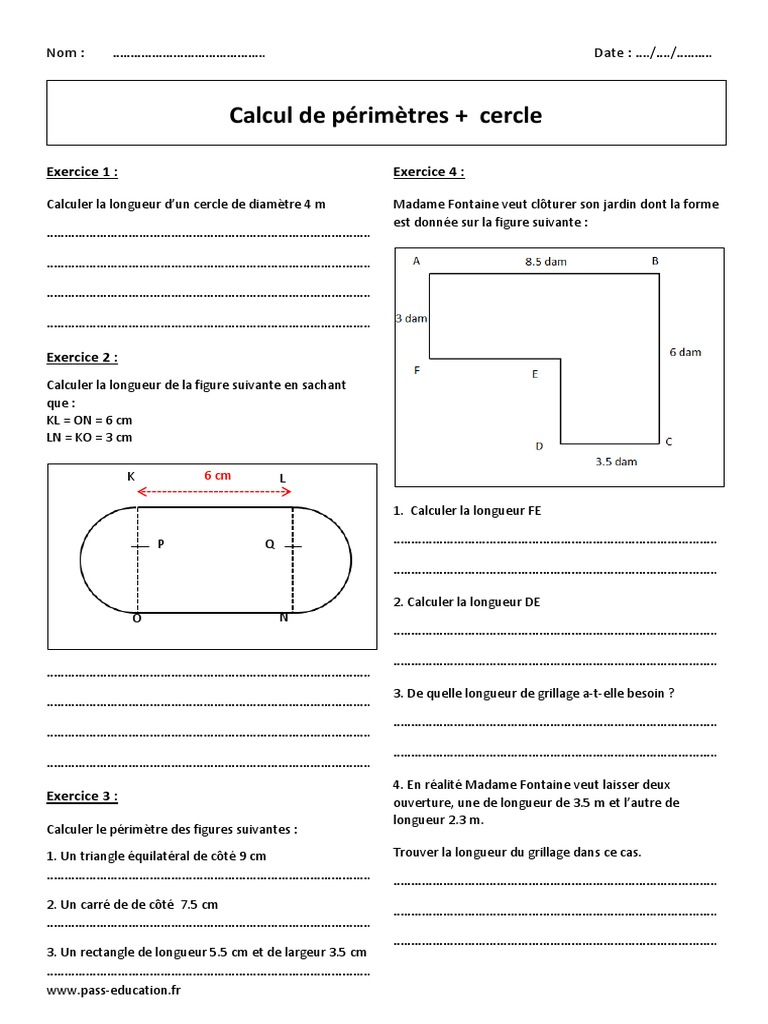 Calcul de Périmètres Cercle 6ème Exercices à Imprimer | Géométrie ...