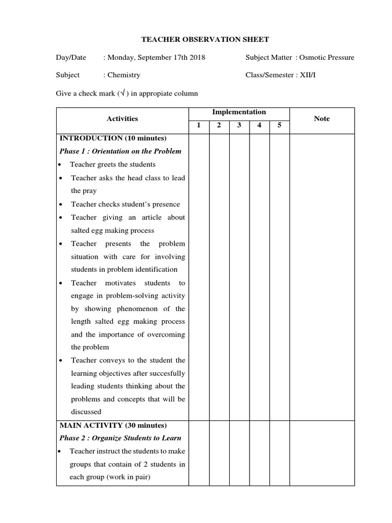 TEACHER OBSERVATION SHEET PBL | PDF | Pedagogy | Teachers