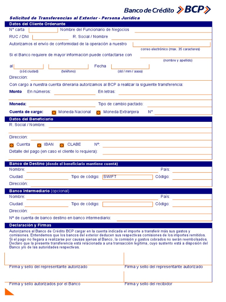 Solicitud para Transferencias Al Exterior en Moneda Extranjera para ...
