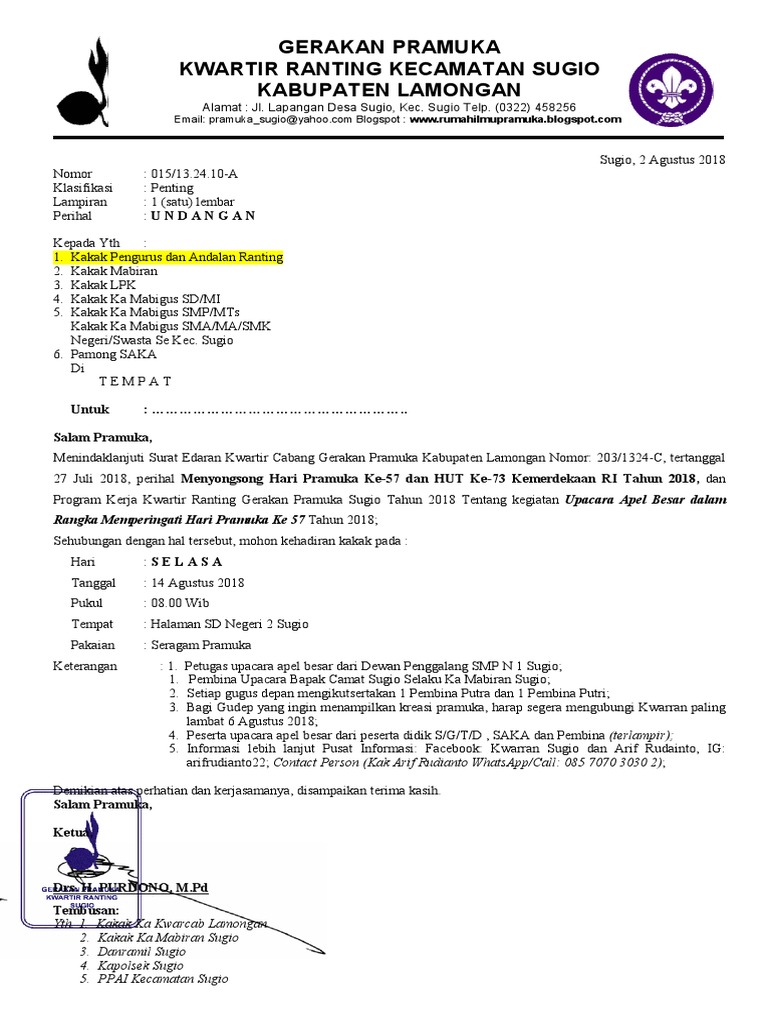 Undangan Upacara Apel Besar Hari Pramuka Ke 57 Th. 2018 | PDF | Gaya Hidup