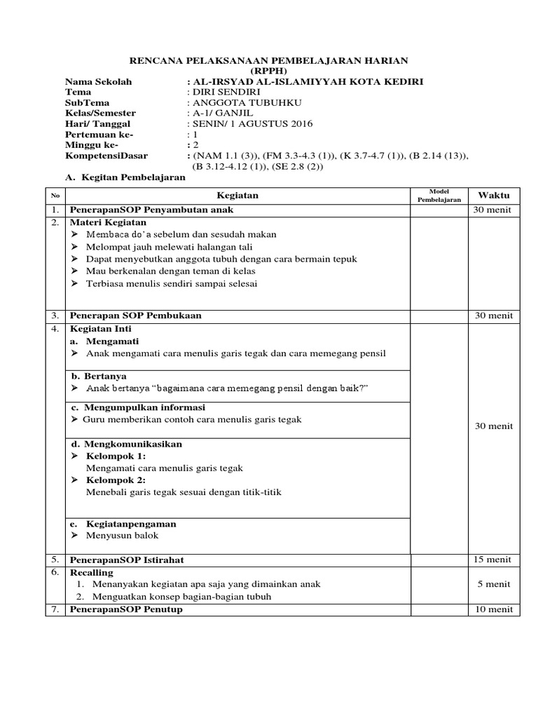 Contoh RPPH Paud | PDF | Karier & Perkembangan | Sains & Matematika