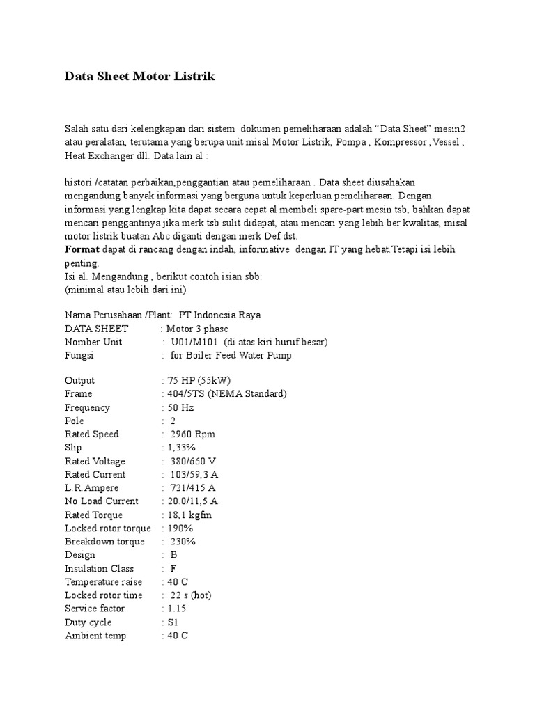Format Sheet Data Motor | PDF